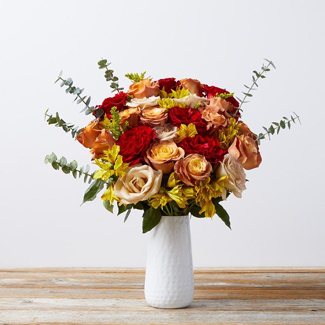 Roses Bouquet Featuring Blush, Red, and Sandy Beige Roses - The Bouqs Co.
