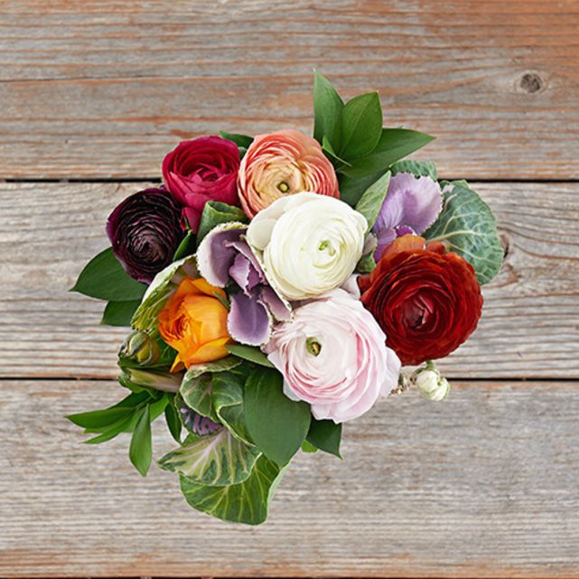 Ranunculus, Kale and Ruscus Arrangement - The Bouqs Co.