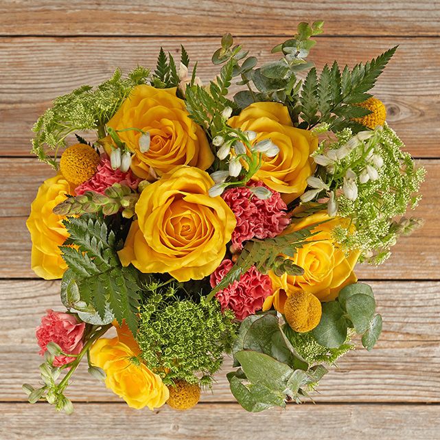 Peach or Pink Carnations with Yellow Roses + Pink Snaps - The Bouqs Co.