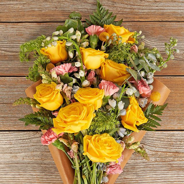 Peach or Pink Carnations with Yellow Roses + Pink Snaps - The Bouqs Co.