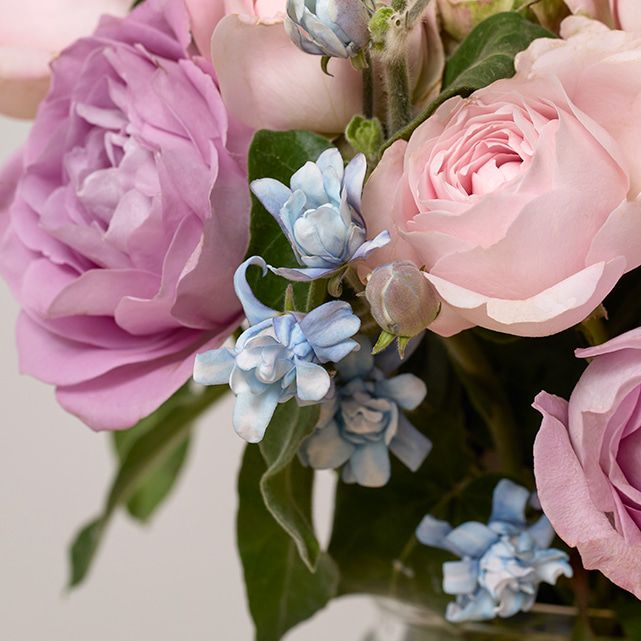 Light Pink & Purple Roses with Blue Eucalyptus - The Bouqs Co.