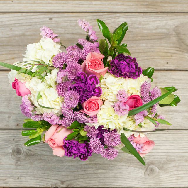 Pink Rose, White Hydrangea and Purple Mums - The Bouqs Co.