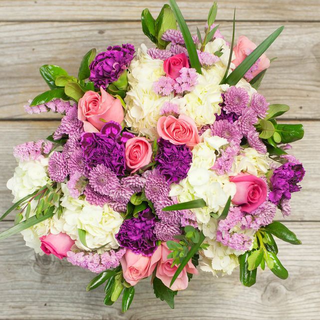 Pink Rose, White Hydrangea and Purple Mums - The Bouqs Co.