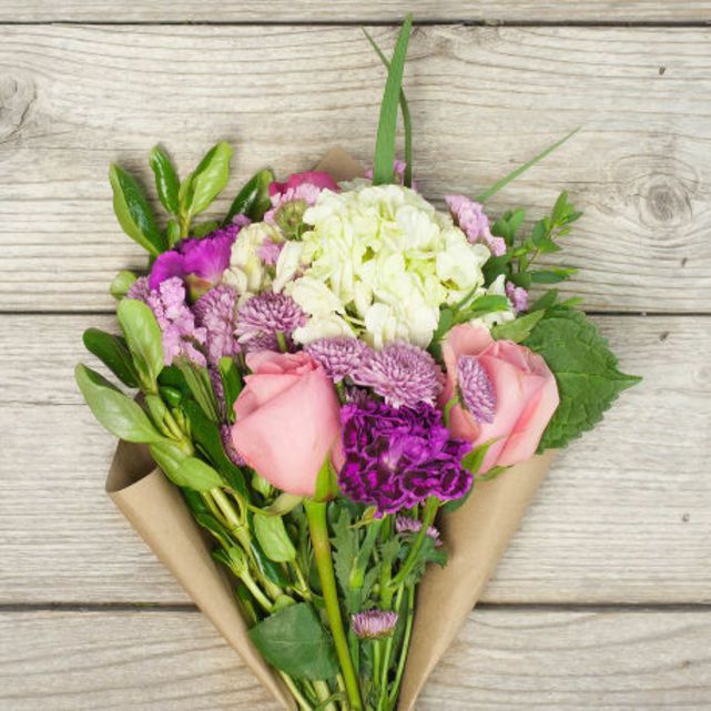 Pink Rose, White Hydrangea and Purple Mums - The Bouqs Co.