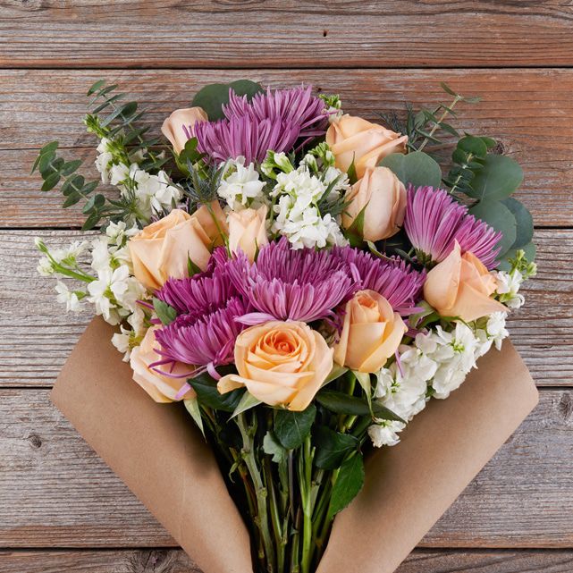 Lavender Mum and Peach Rose Arrangement - The Bouqs Co.