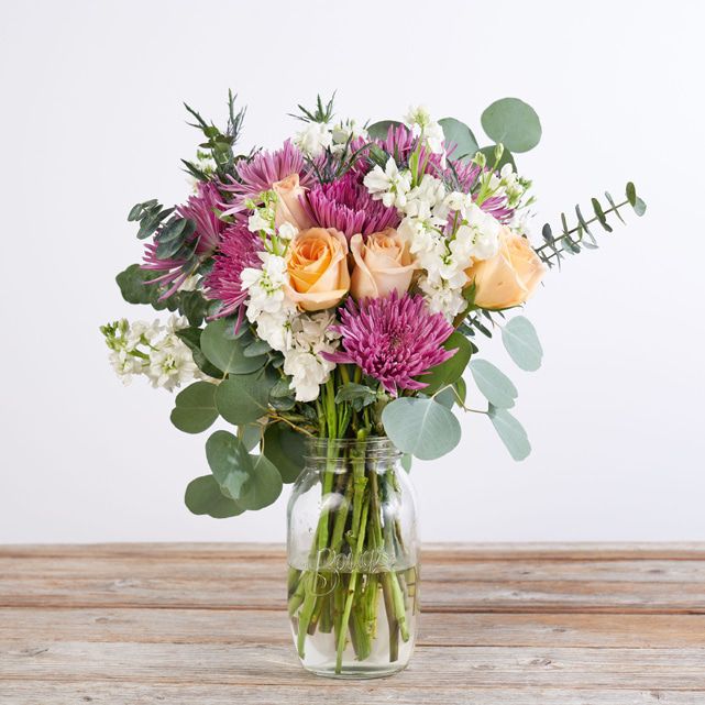 Lavender Mum and Peach Rose Arrangement - The Bouqs Co.