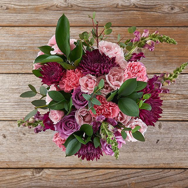 Purple Mums, Roses and Pale Pink Spray Roses - The Bouqs Co.