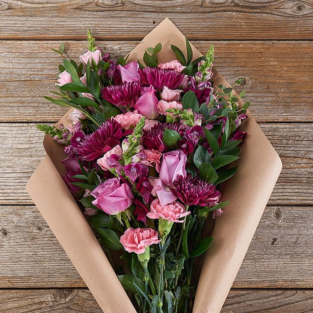Purple Mums, Roses and Pale Pink Spray Roses - The Bouqs Co.