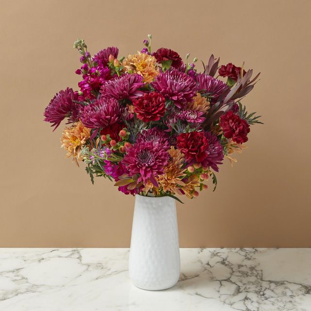 Purple Pompons & Mums with Burgundy Carnations in Vase - The Bouqs Co.