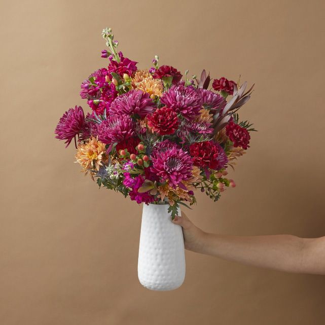 Purple Pompons & Mums with Burgundy Carnations in Vase - The Bouqs Co.
