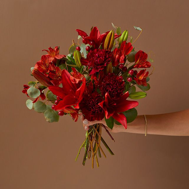 Red LA Lilies + Burgundy Carnations, Alstroe & Hypericum - The Bouqs Co.