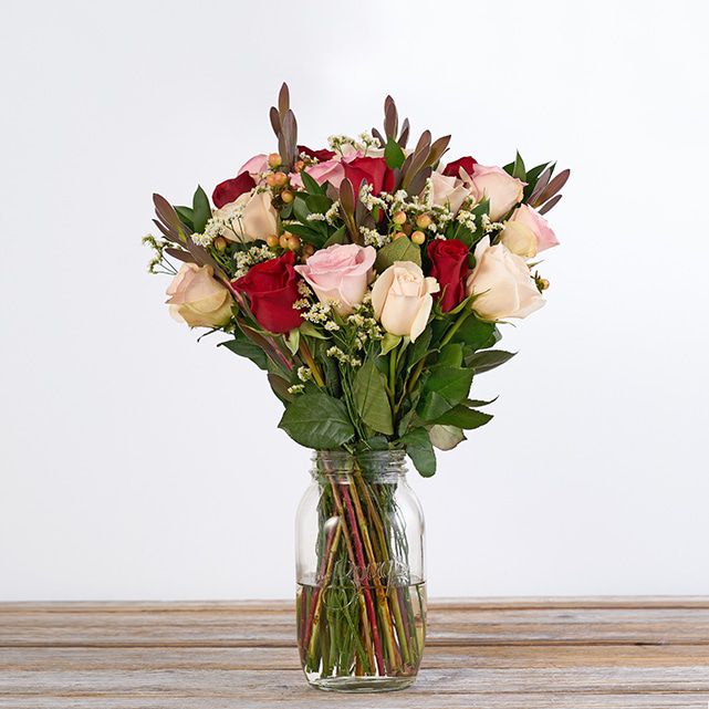 Bouquet of Red, Pink and Peach Roses - The Bouqs Co.