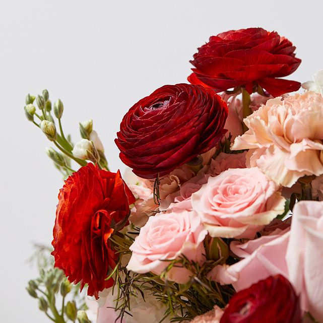 Red Ranunculus with Blush Roses and Pink Spray Roses - The Bouqs Co.