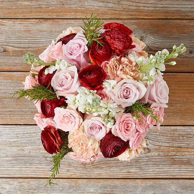 Red Ranunculus with Blush Roses and Pink Spray Roses - The Bouqs Co.