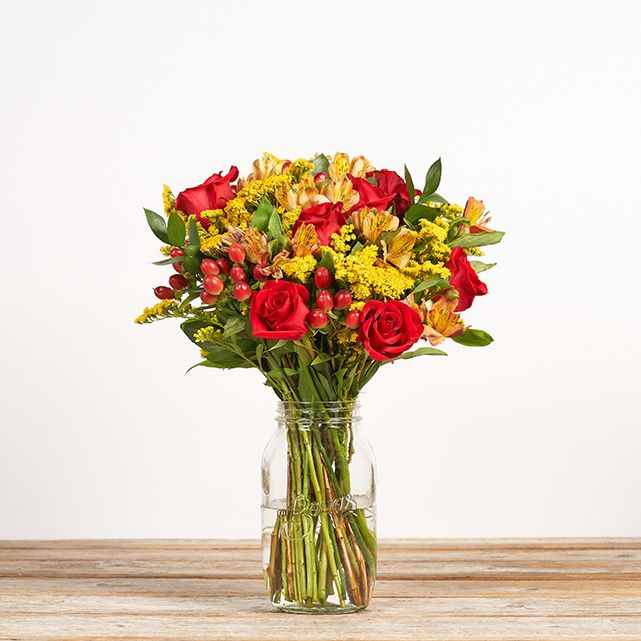 Red Roses with Orange Alstroemeria, Yellow Achillea and Ruscus - The ...