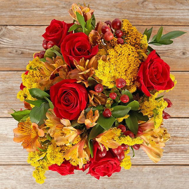 Red Roses with Orange Alstroemeria, Yellow Achillea and Ruscus - The ...