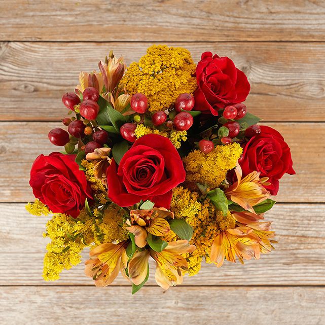 Red Roses with Orange Alstroemeria, Yellow Achillea and Ruscus - The ...