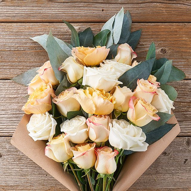 White, Orange and Pink Roses With Greenery - The Bouqs Co.