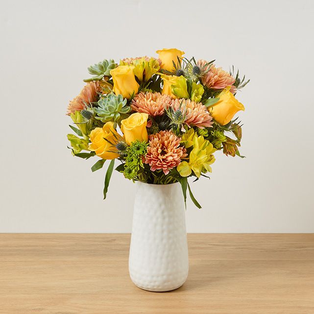 Succulent Bouquet with Yellow Roses & Peach Mums - The Bouqs Co.