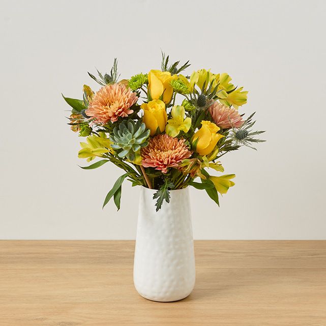 Succulent Bouquet with Yellow Roses & Peach Mums - The Bouqs Co.