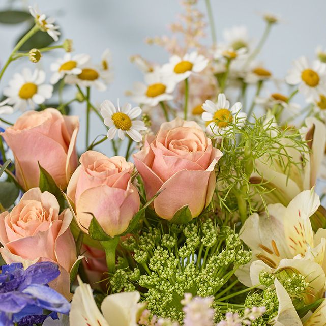Vased Bouquet of Spray Roses, Delphinium & Alstroemeria - The Bouqs Co.