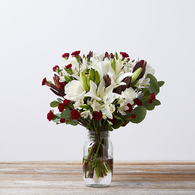 White Asiatic Lily + White Roses & Burgundy Minicarnations - The Bouqs Co.