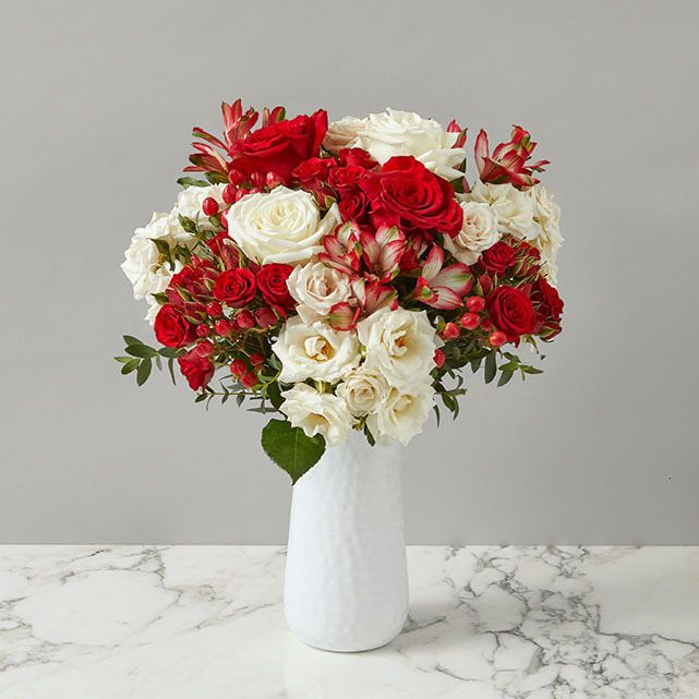Red & White Roses with a White Vase - The Bouqs Co.