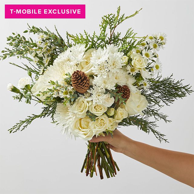 White Roses, Mums and Aster with Pinecones - The Bouqs Co. White Roses, Mums and Aster with Pinecones - The Bouqs Co.