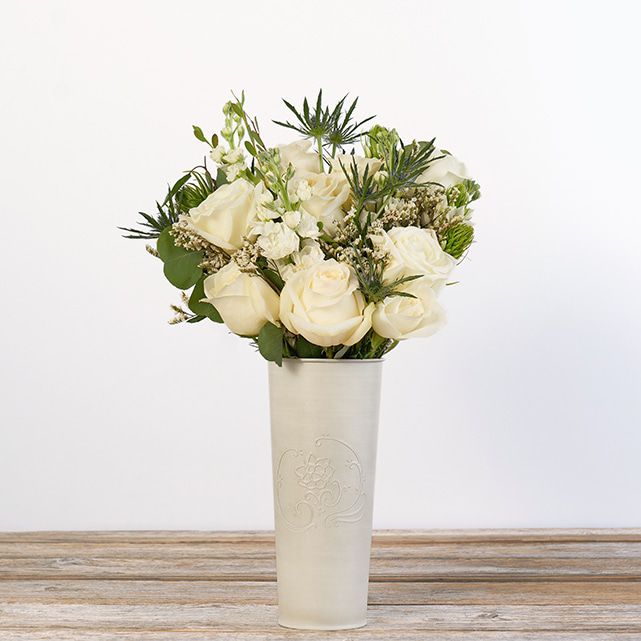 Mixed Bouquet of White Roses and Blue Thistle - The Bouqs Co.