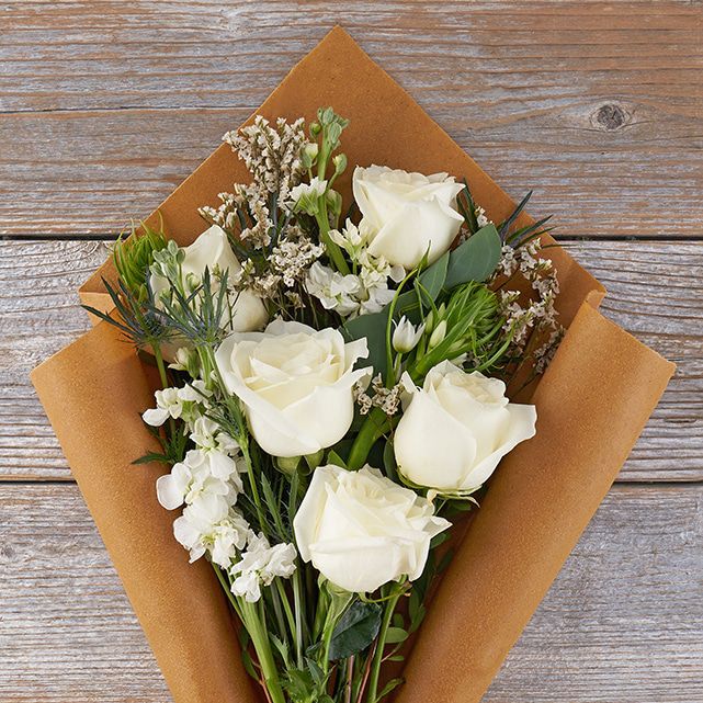 Mixed Bouquet of White Roses and Blue Thistle - The Bouqs Co.